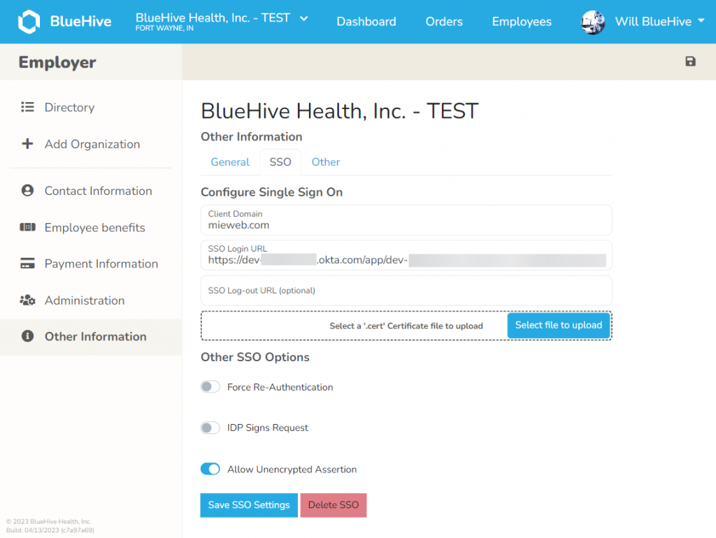 How to setup SAML based SSO for BlueHive Employers - BlueHive